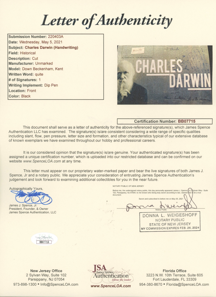 Charles Darwin Hand-Written Word (JSA LOA) | Pristine Auction