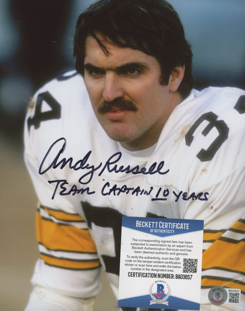 Andy Russell Signed Steelers 8x10 Photo Inscribed "Team Captain 10 ...