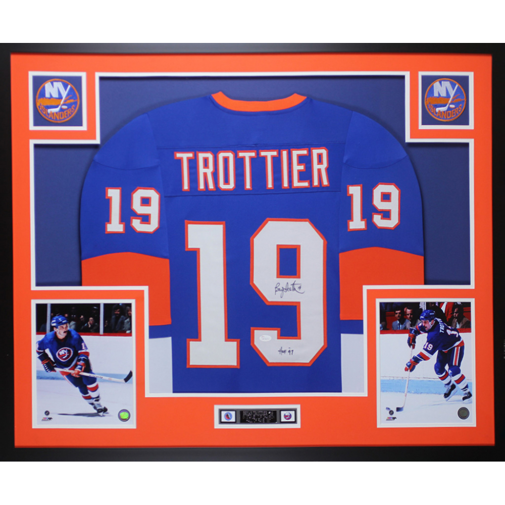 Bryan Trottier Signed 35x43 Custom Framed Jersey Display Inscribed "HOF ...