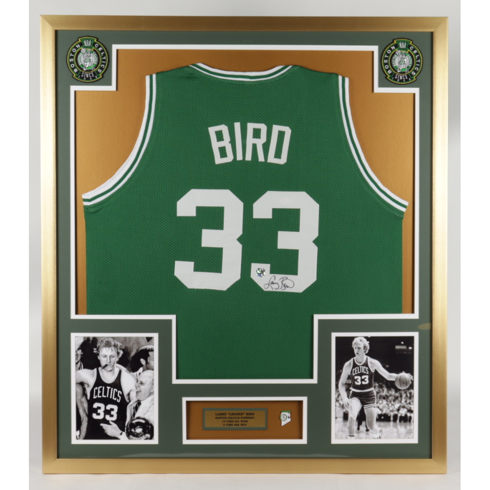 Larry Bird Signed 32x36 Custom Framed Jersey Display with 1986 World Champions Celtics Pin (PSA ...