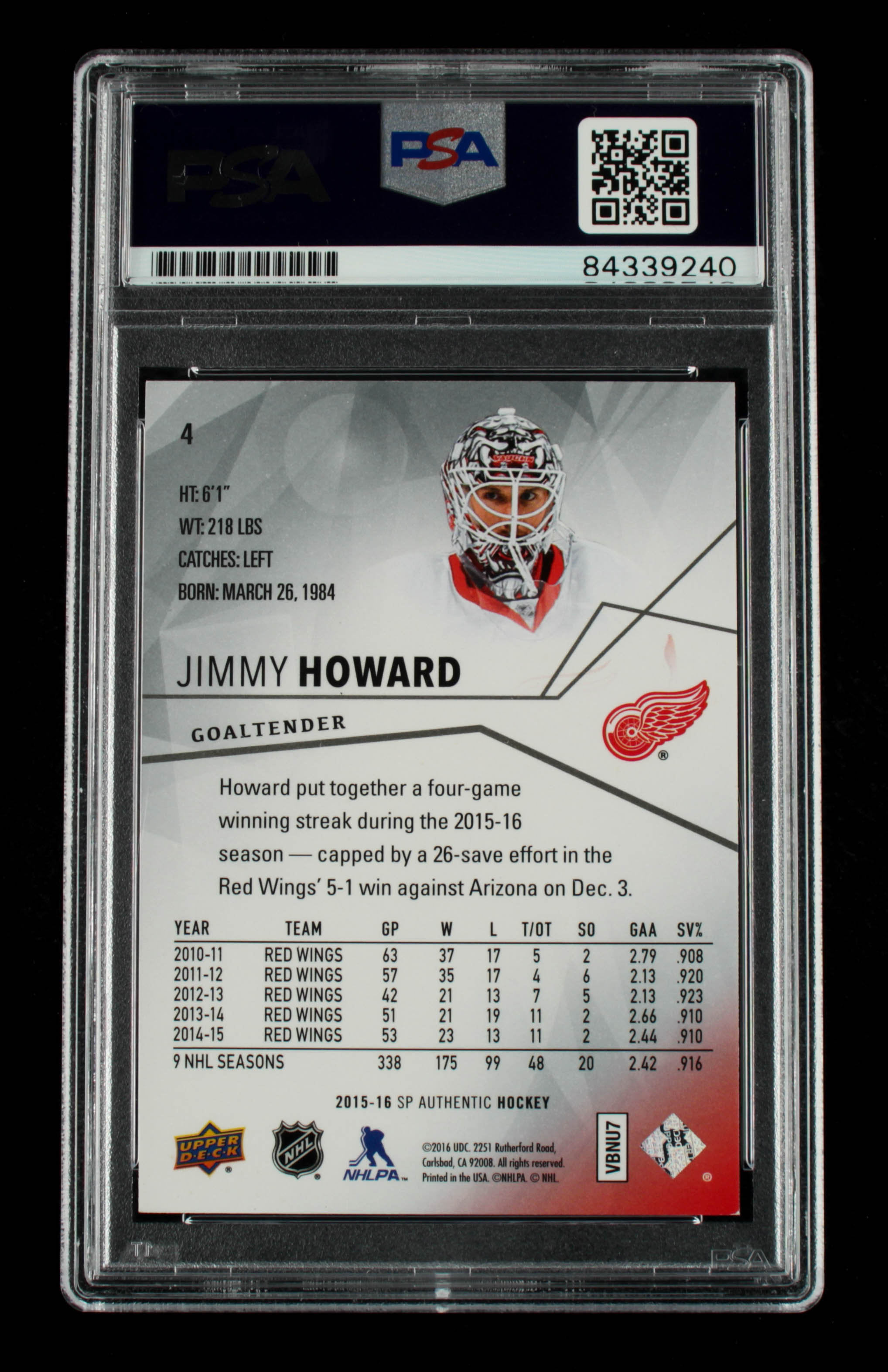 Jimmy Howard Signed 2015-16 SP Authentic #4 (PSA Encapsulated ...