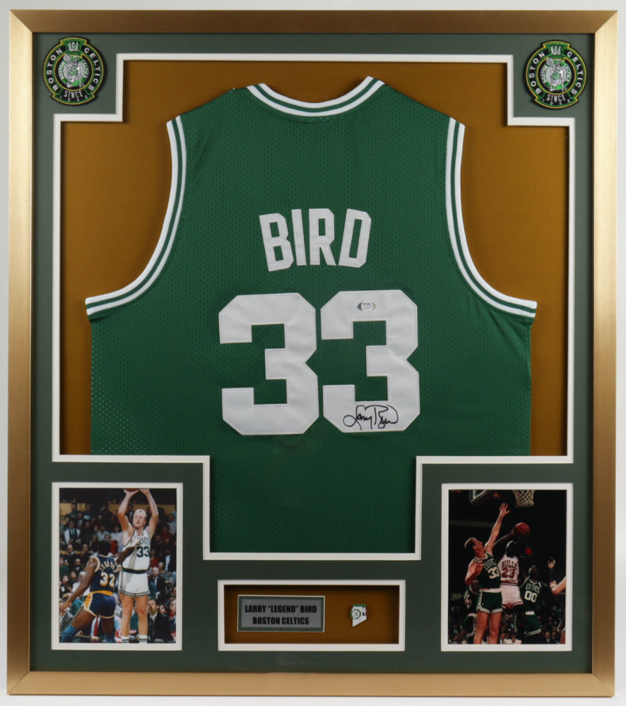 Larry Bird Signed 32x36 Custom Framed Jersey Display With Celtics 1986 Champions Pin (PSA COA ...
