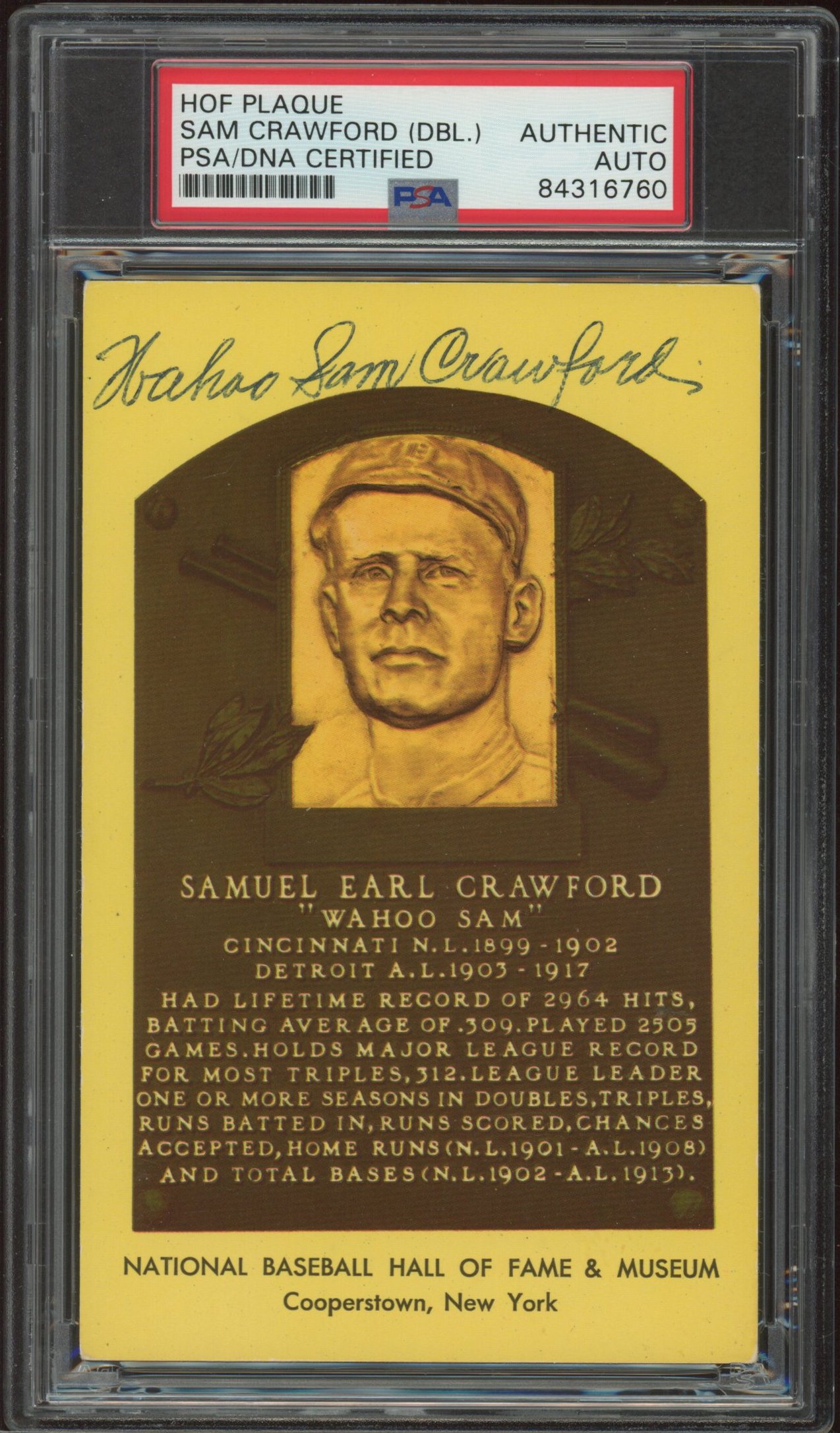 "Wahoo" Sam Crawford Signed Hall of Fame Plaque Postcard (PSA ...