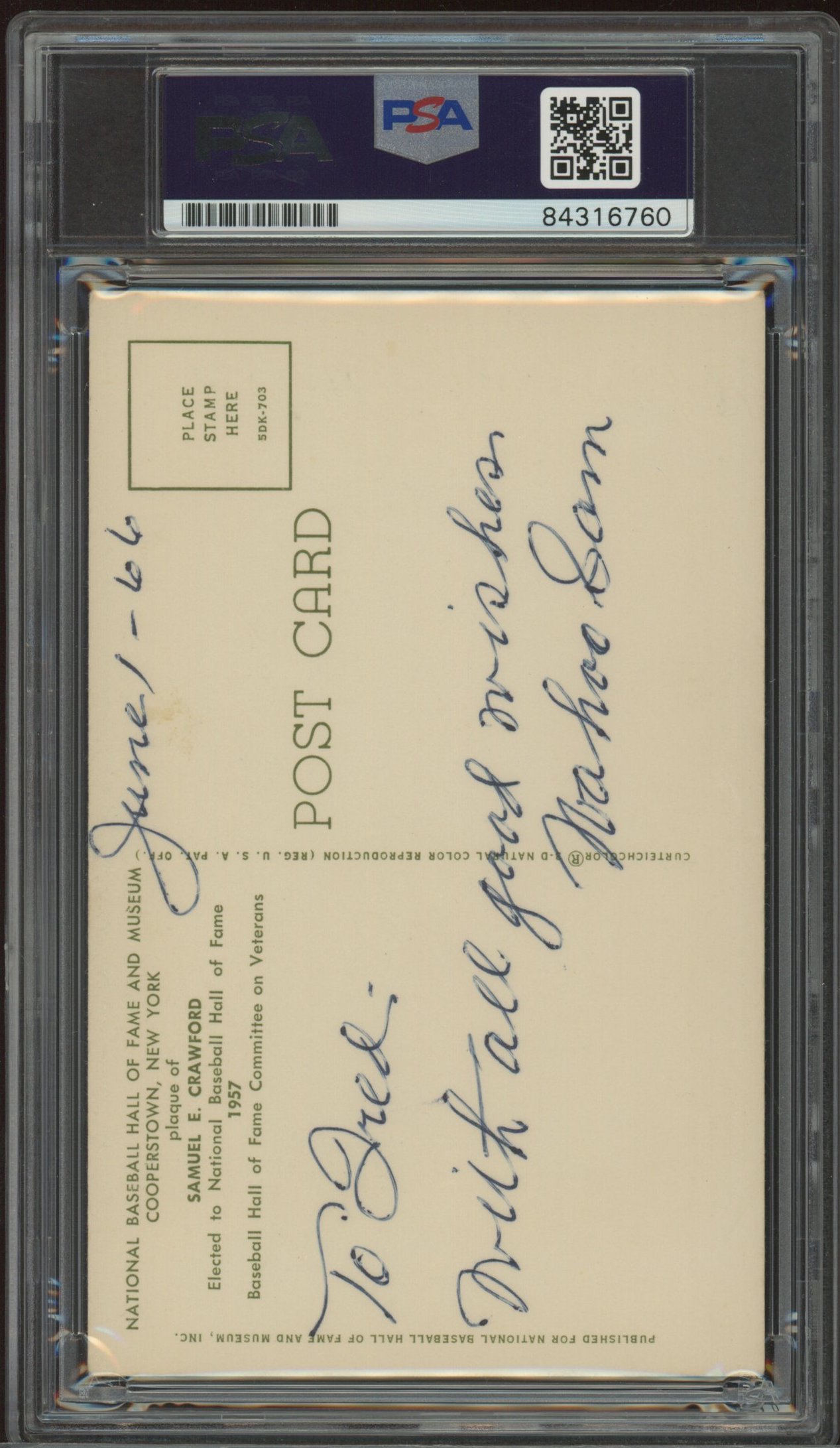 "Wahoo" Sam Crawford Signed Hall of Fame Plaque Postcard (PSA ...