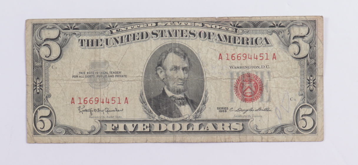 1963 $5 Five Dollar U.S. National Currency Red Seal Bank Note ...