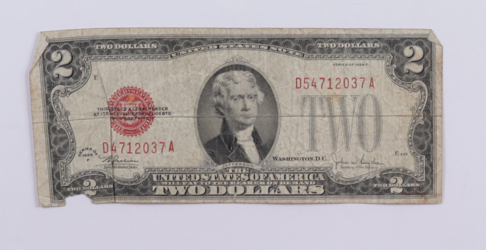 1928F $2 Two Dollar U.S. National Currency Red Seal Bank Note ...