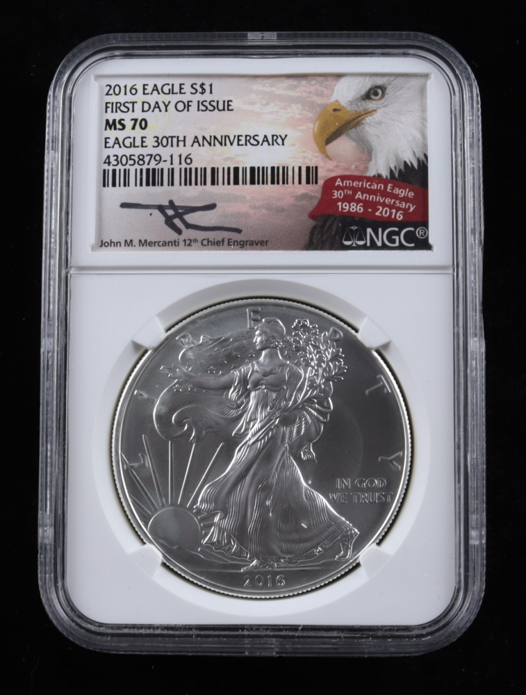 John Mercanti Signed 2016 American Silver Eagle $1 One-Dollar Coin - First Day of Issue, Eagle ...