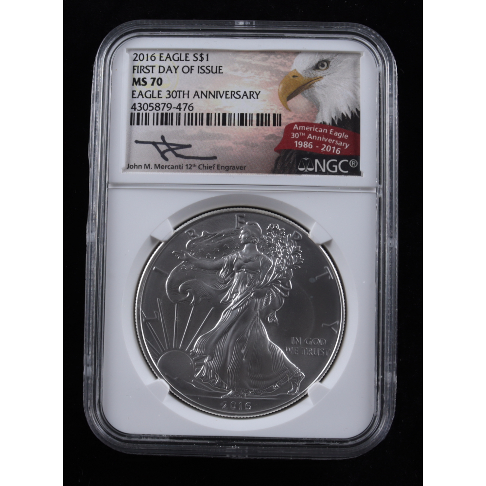 John Mercanti Signed 2016 American Silver Eagle $1 One-Dollar Coin - First Day of Issue, Eagle ...