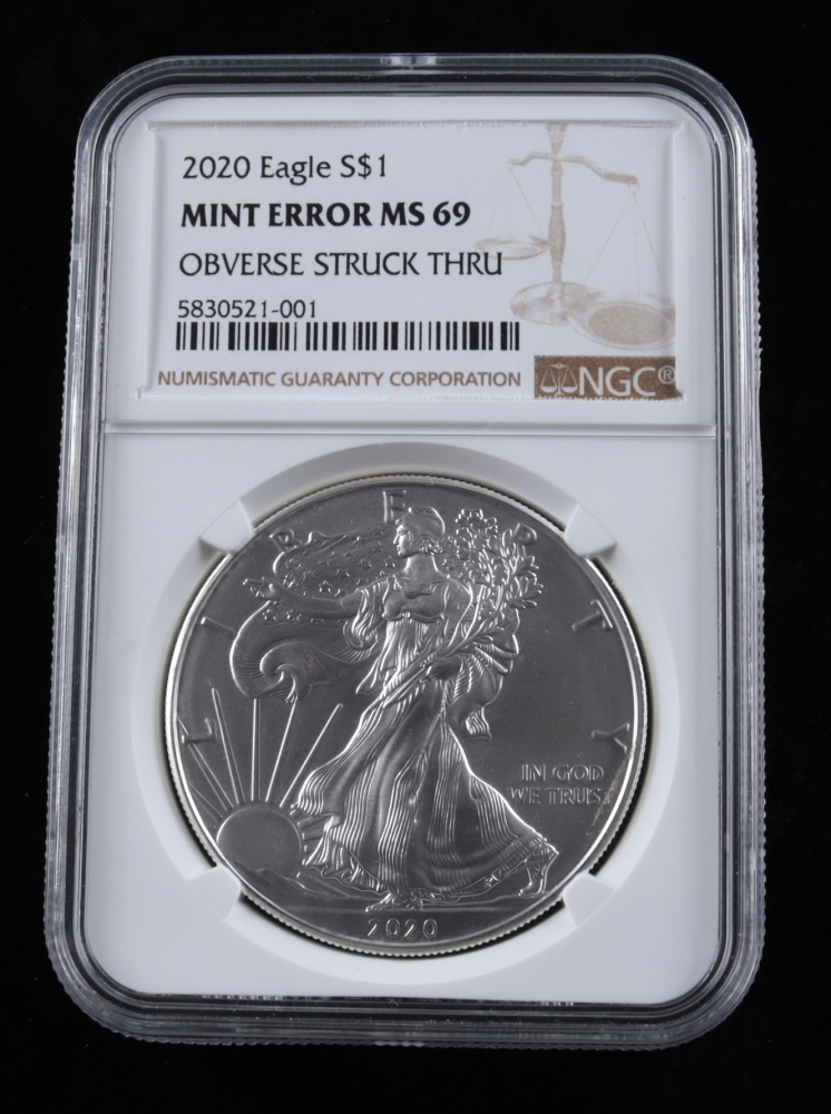 Mint Error - 2020 American Silver Eagle $1 One Dollar Coin - Obverse Struck Thru (NGC MS69 ...