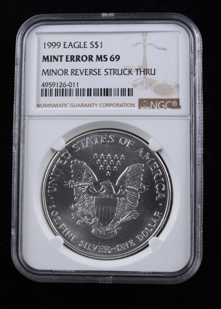 Mint Error - 1999 American Silver Eagle $1 One Dollar Coin - Minor Reverse Struck Thru (NGC MS69 ...