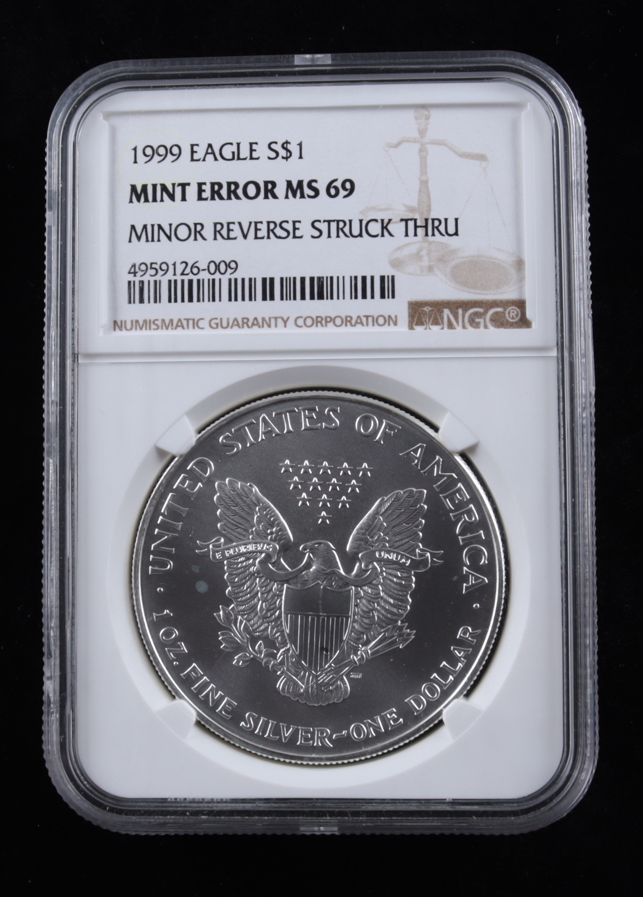 Mint Error - 1999 American Silver Eagle $1 One Dollar Coin - Minor Reverse Struck Thru (NGC MS69 ...