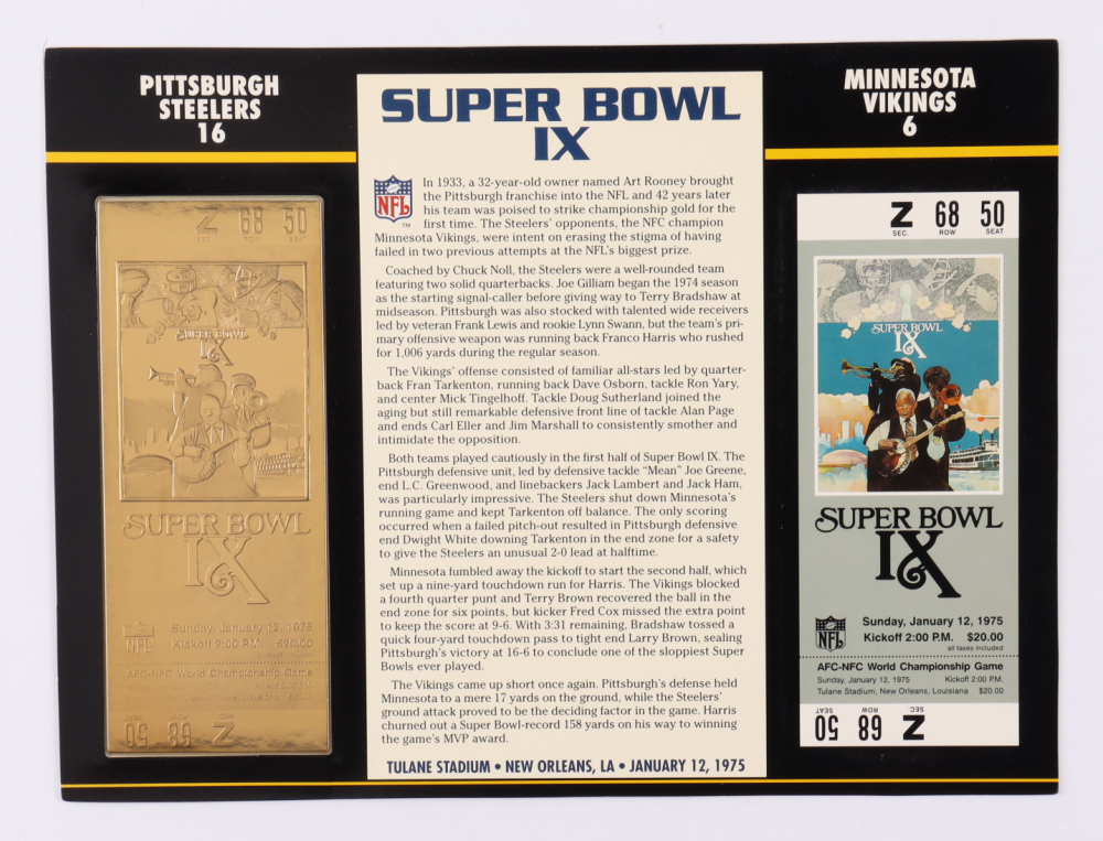 Super Bowl IX Commemorative Scorecard with 22kt Gold Ticket | Pristine ...