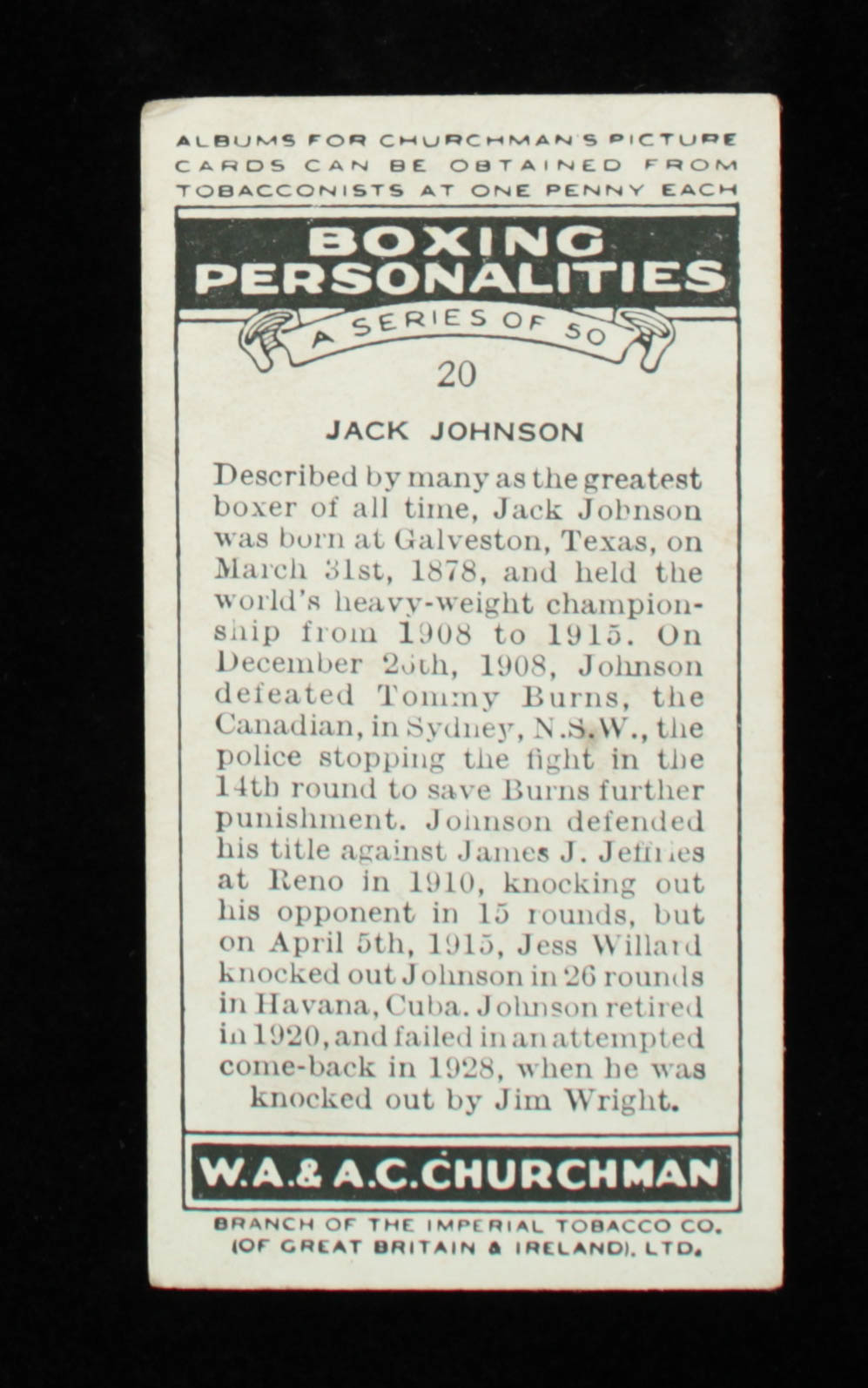 Jack Johnson 1938 Churchman's Boxing Personalities #20 | Pristine Auction
