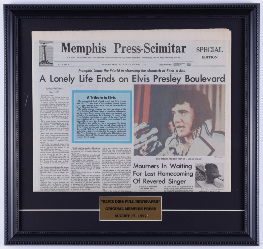 Elvis Presley 17x18 Custom Framed Vintage Original 1977 Full Memphis ...