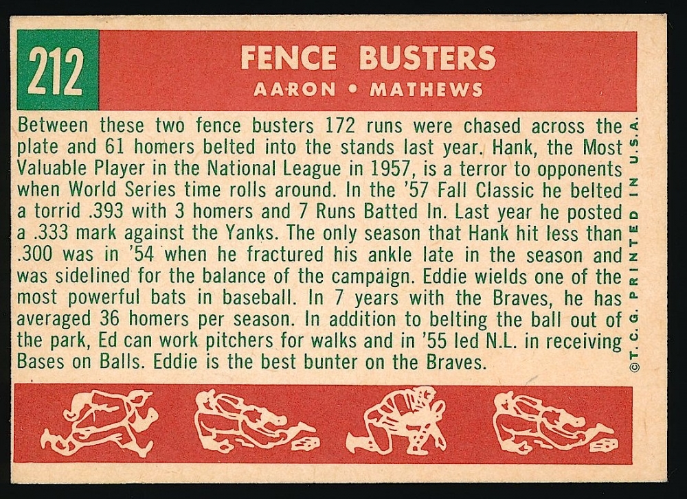 1959 Topps #212 Fence Busters Hank Aaron / Eddie Mathews | Pristine Auction