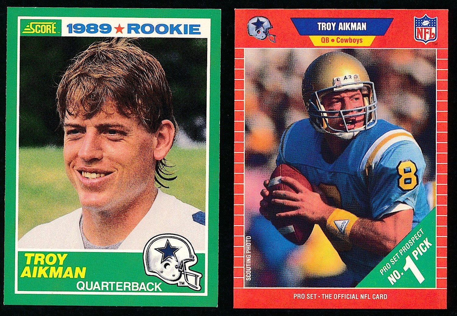 Lot of (2) Troy Aikman Rookie Football Cards With 1989 Score #270 RC & 1989 Pro Set #490 RC ...