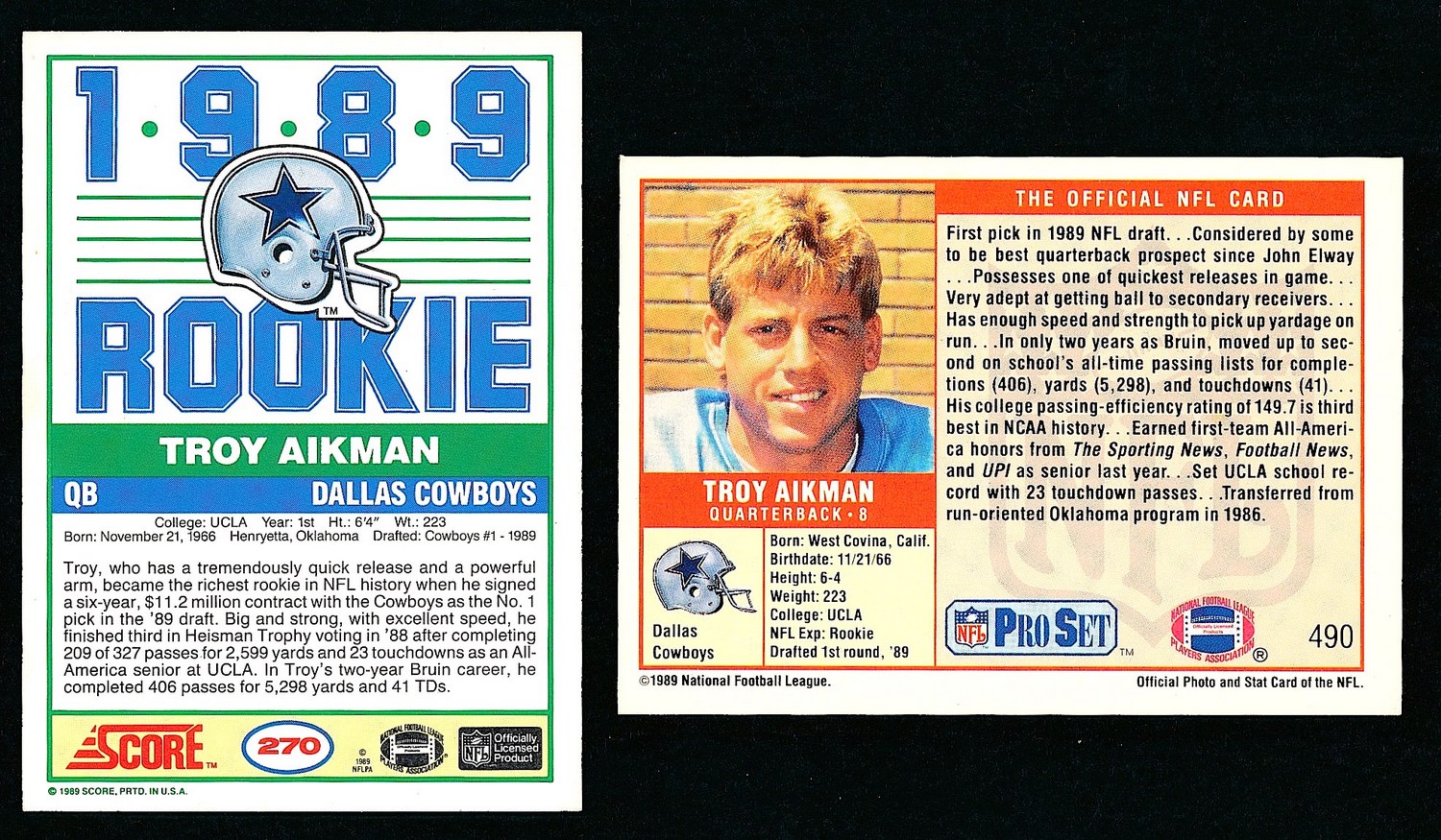 Lot of (2) Troy Aikman Rookie Football Cards With 1989 Score #270 RC & 1989 Pro Set #490 RC ...