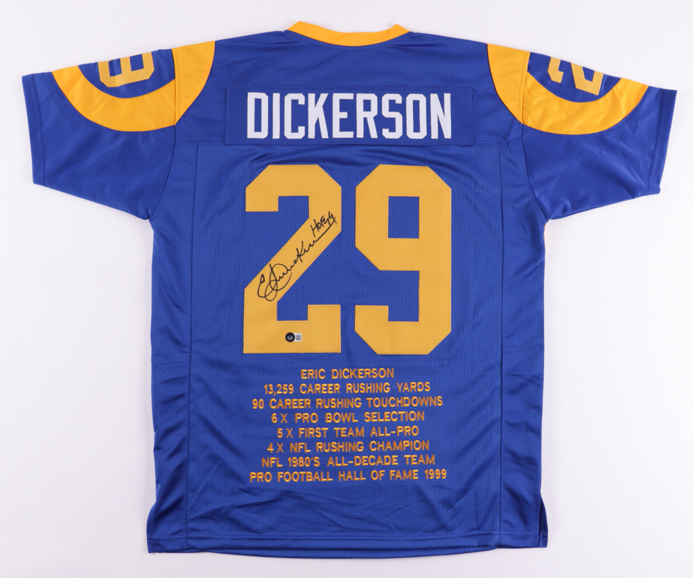 Eric Dickerson Signed Career Highlight Stat Jersey Inscribed "HOF 99 ...