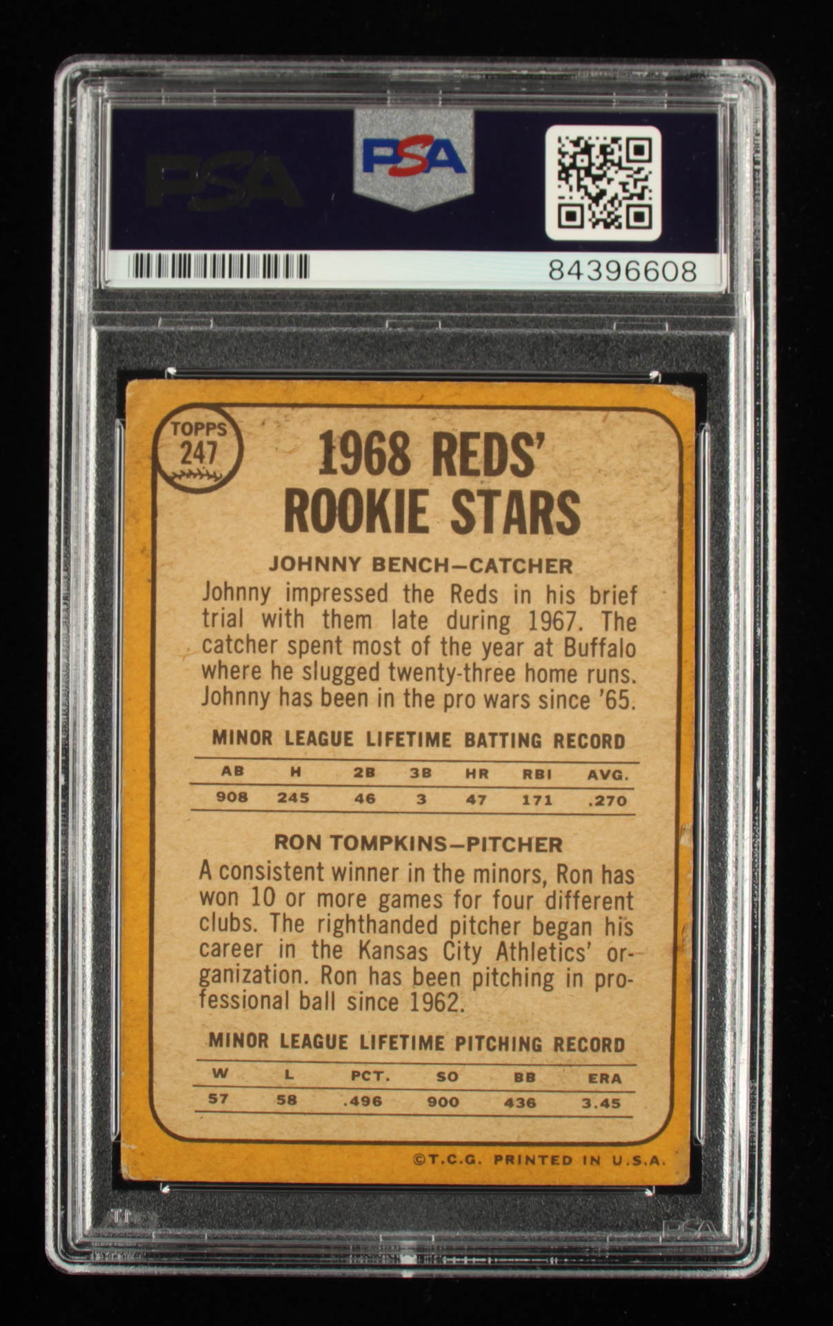 Johnny Bench Signed 1968 Topps #247A RC Rookie Stars Inscribed "HOF 89 ...