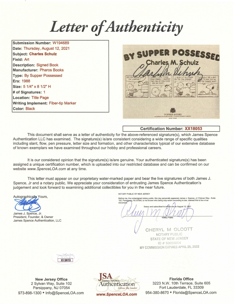 Charles Schulz Signed "Snoopy & Peanuts: By Supper Possessed" Hardcover ...