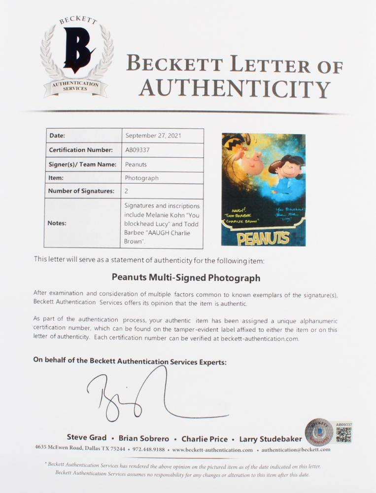 Todd Barbee & Melanie Kohn Signed "Peanuts" 19.5x23.5 Custom Framed ...