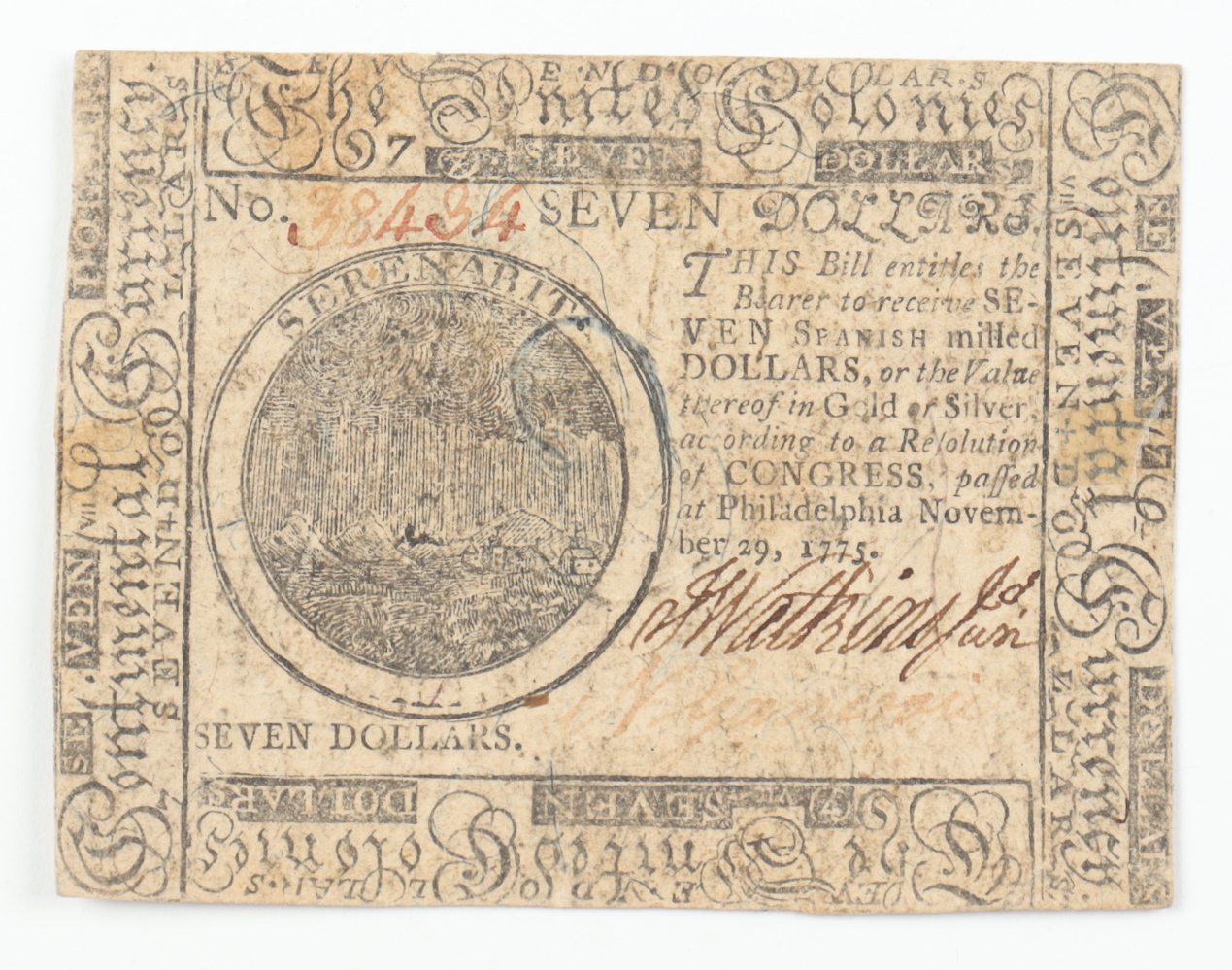 1775 $7 Seven-Dollars - Continental - Colonial Currency Note | Pristine ...