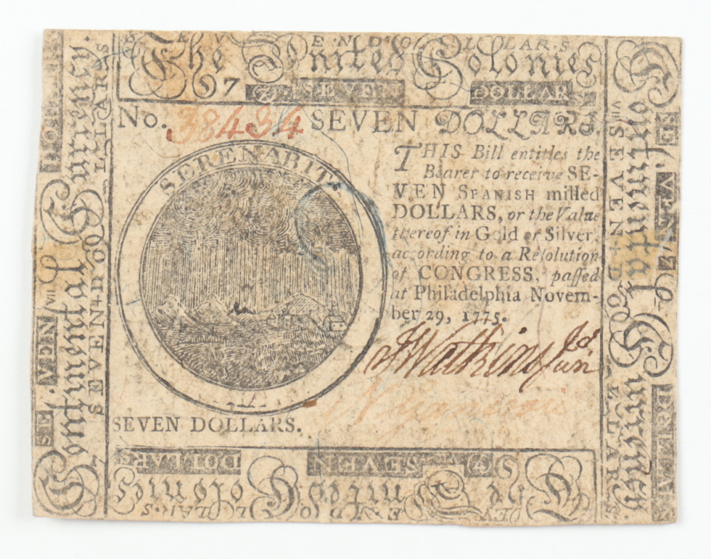 1775 $7 Seven-Dollars - Continental - Colonial Currency Note | Pristine ...