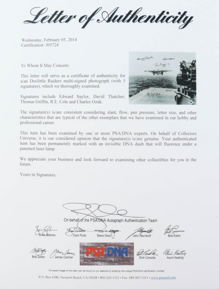 Tokyo Doolittle Raid 11x14 Photo Signed by (5) with Edward Saylor ...