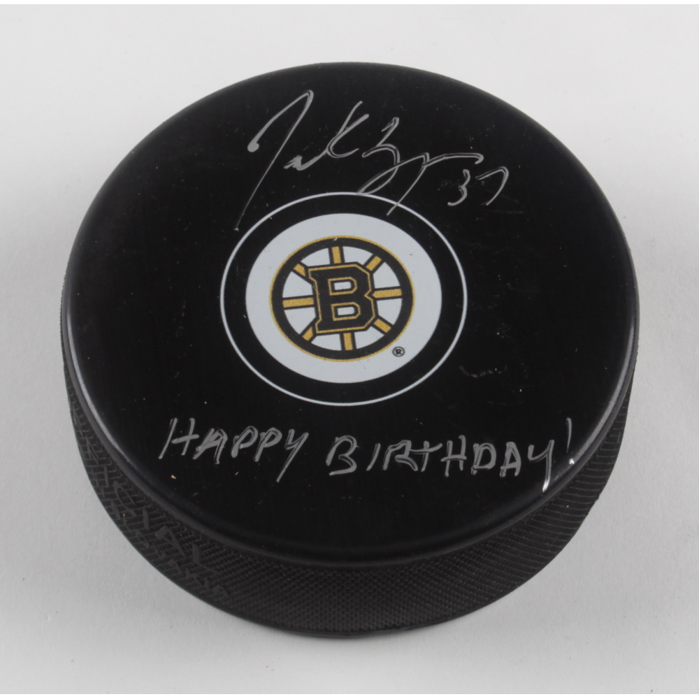 Patrice Bergeron Signed Bruins Logo Hockey Puck Inscribed "Happy ...