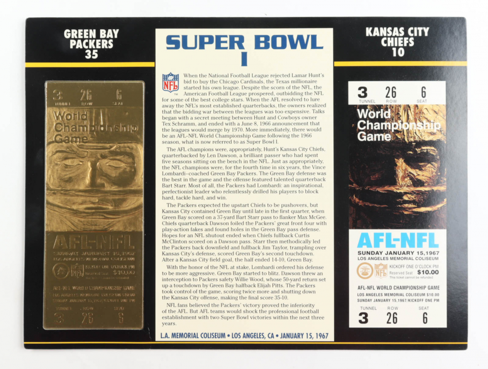 1967 Commemorative First Super Bowl I Card with Ticket: Packers vs ...
