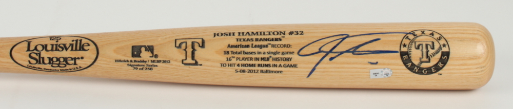 Josh Hamilton Signed LE Rangers Logo Louisville Slugger Baseball Bat ...