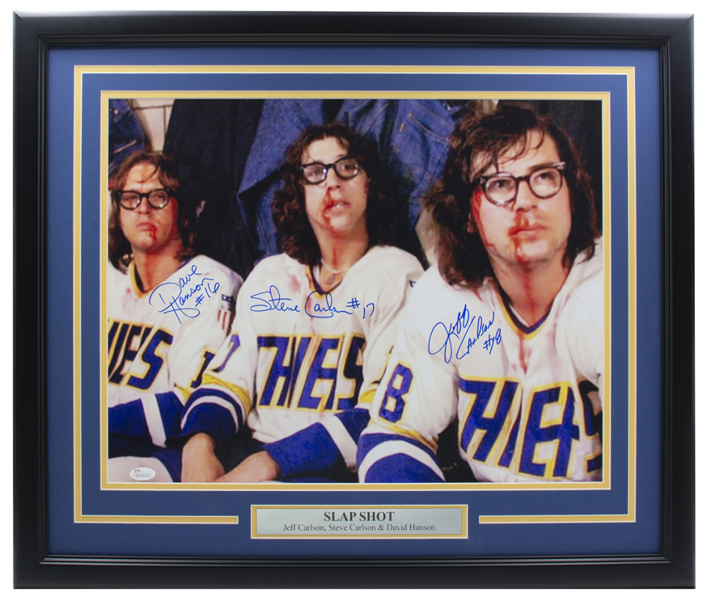 David Hanson, Jeff Carlson & Steve Carlson Signed "Slap Shot" 22x27 Custom Framed Photo Display ...