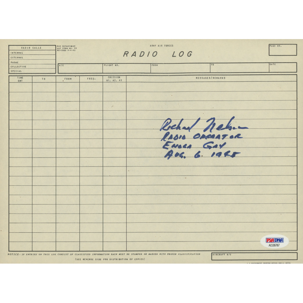 Richard Nelson Signed WWII 8x10 Army Air Forces Radio Log Inscribed ...