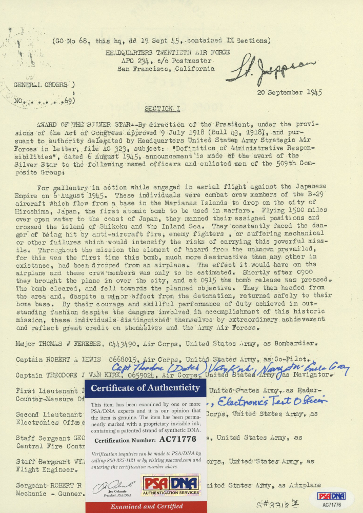 Dutch Van Kirk & Morris R. Jeppson Signed WWII 8x10 Military Document ...