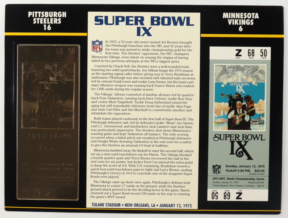 1975 Commemorative Super Bowl IX Card with Ticket: Steelers vs Vikings ...
