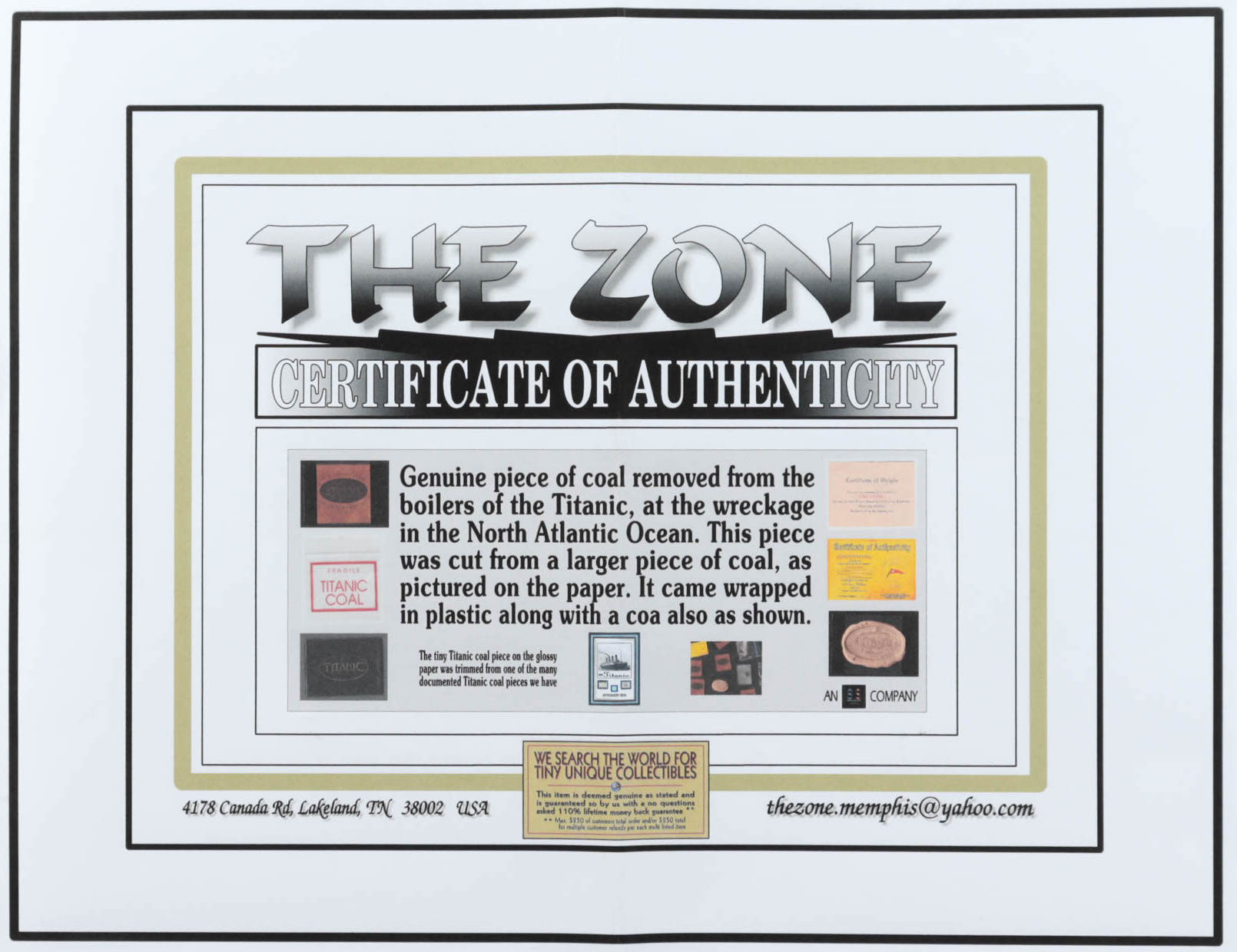 Authentic Coal From Titanic Wreckage on a 6x8 Photo (The Zone COA ...