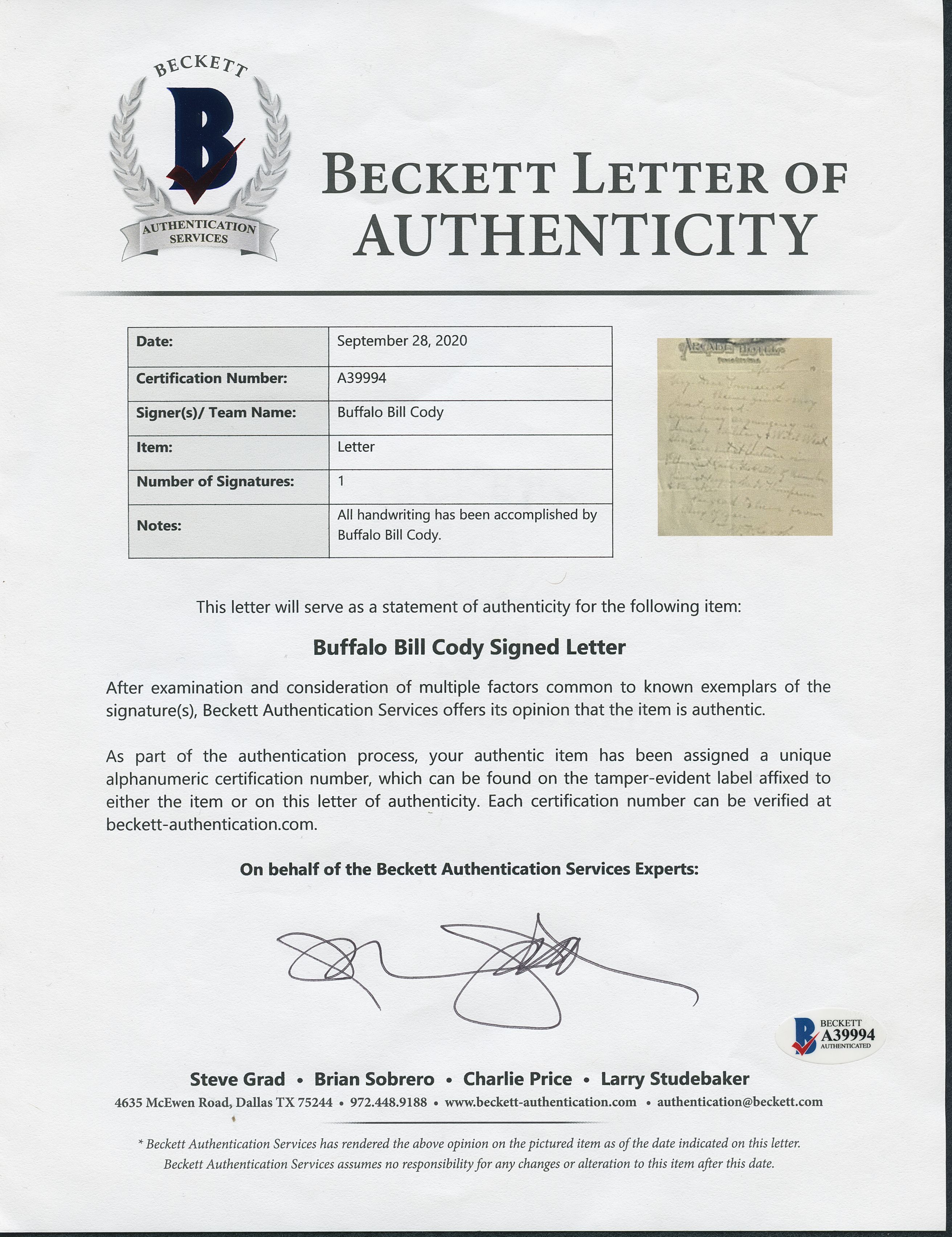 William Frederick "Buffalo Bill" Cody 22x23 Custom Framed Hand-Written ...