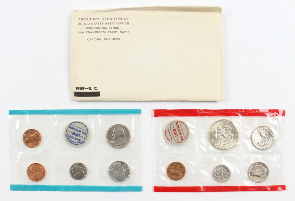 1969 U.S. Mint Uncirculated Coin Set with (10) Coins & Envelope ...