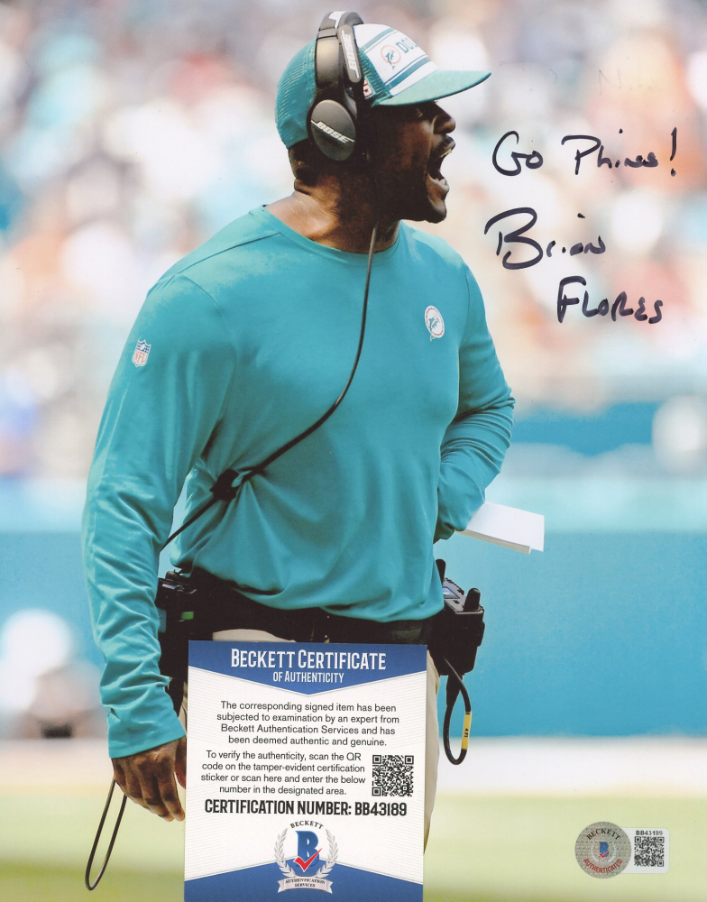 Brian Flores Signed Dolphins 8x10 Photo Inscribed "Go Phins!" (Beckett ...