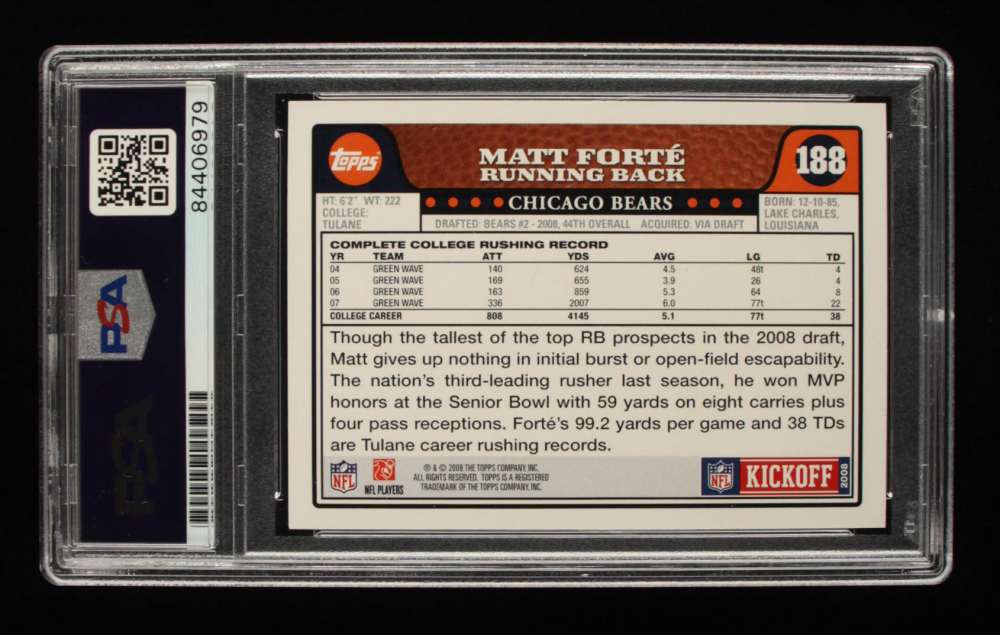 Matt Forte Signed 2008 Topps Kickoff #188 RC (PSA Encapsulated ...