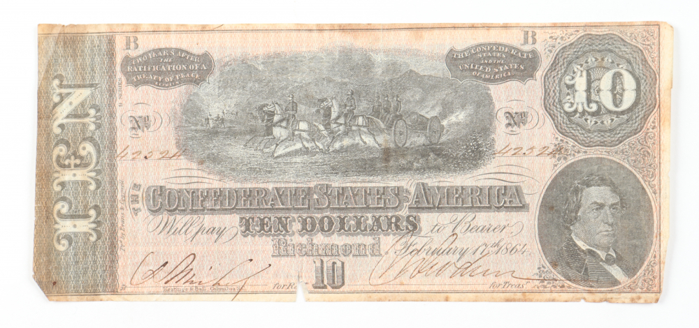 1864 $10 Ten Dollars Confederate States of America Richmond CSA Bank ...