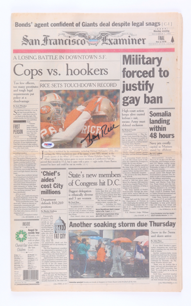 Jerry Rice Signed 1992 San Francisco Chronicle Newspaper (PSA Hologram ...