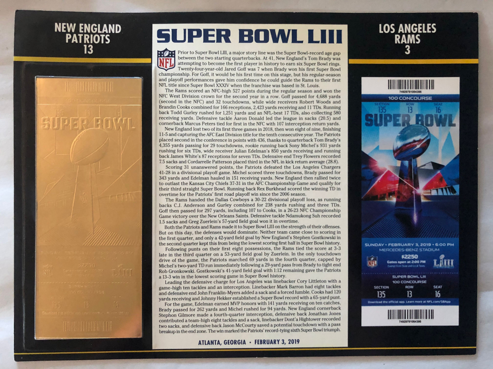 2019 Commemorative Super Bowl LIII Card with Ticket: Patriots vs Rams ...