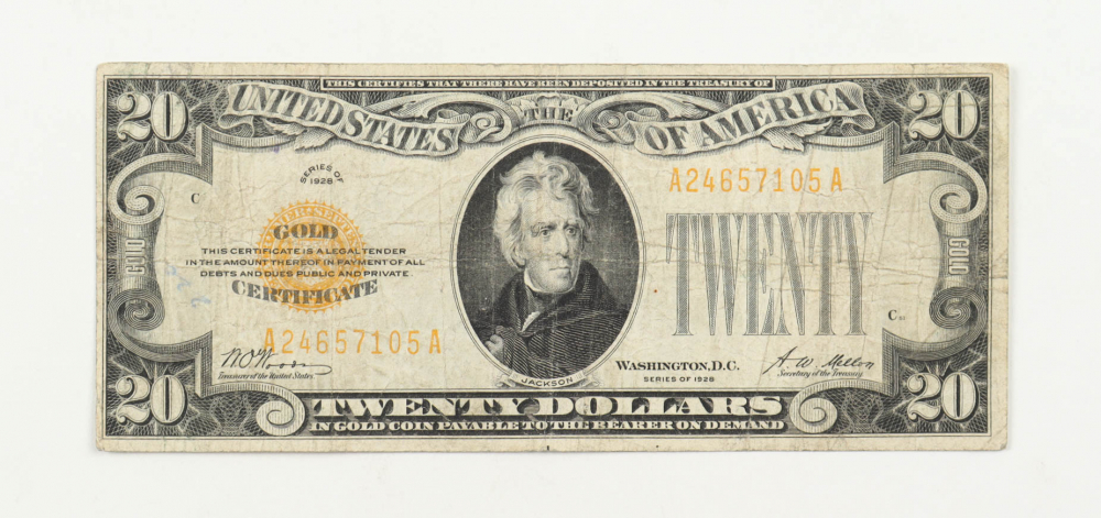 1928 $20 Twenty Dollar U.S. Gold Certificate Bank Note | Pristine Auction