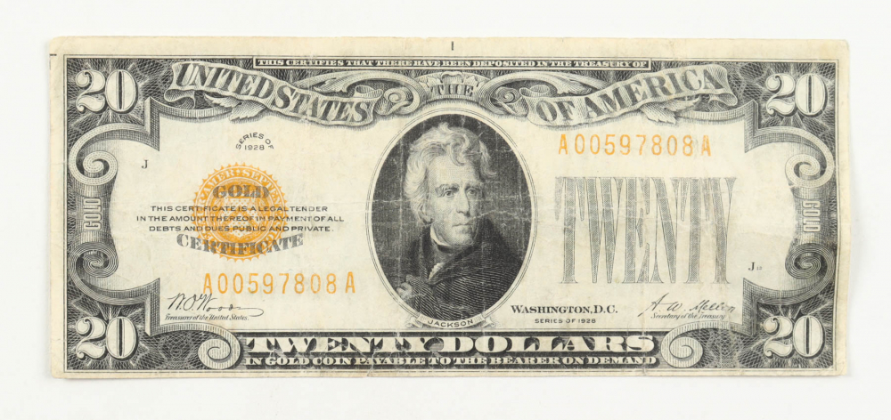 1928 $20 Twenty Dollar U.S. Gold Certificate Bank Note | Pristine Auction