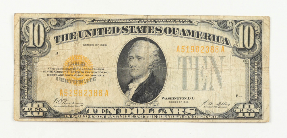 1928 $10 Ten Dollar U.S. Gold Certificate Bank Note | Pristine Auction
