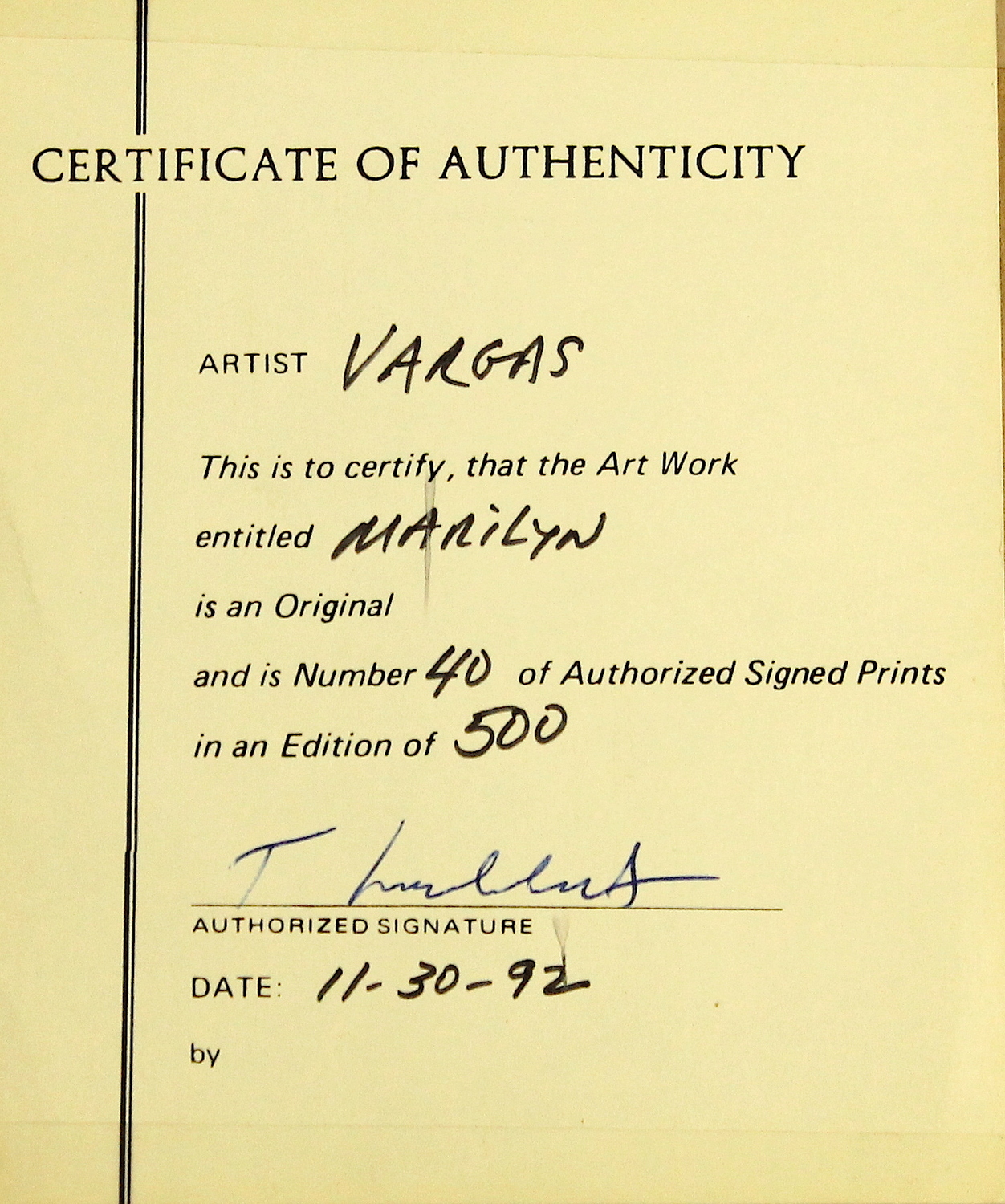 Alberto Vargas Signed 30x35 Custom Framed "Marilyn" Lithograph (PSA COA ...