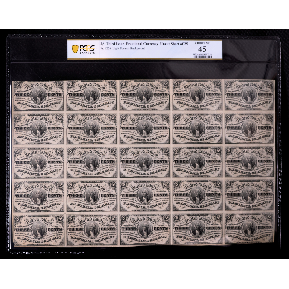1863 Third Issue 3 Cents Fractional Currency Uncut Sheet of 25 Notes Fr ...
