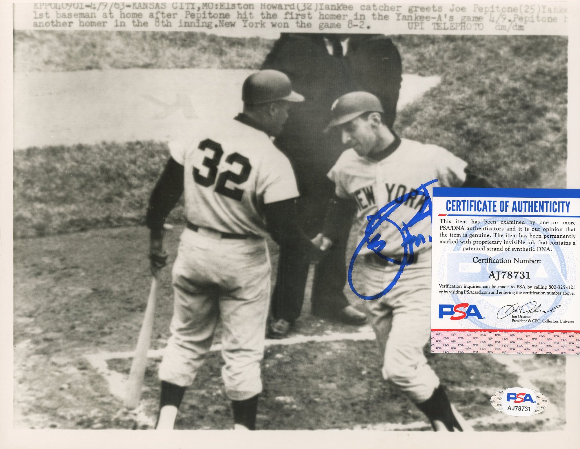 Joe Pepitone Signed Yankees 8x10 Original 1963 Vintage UPI Photo (PSA ...