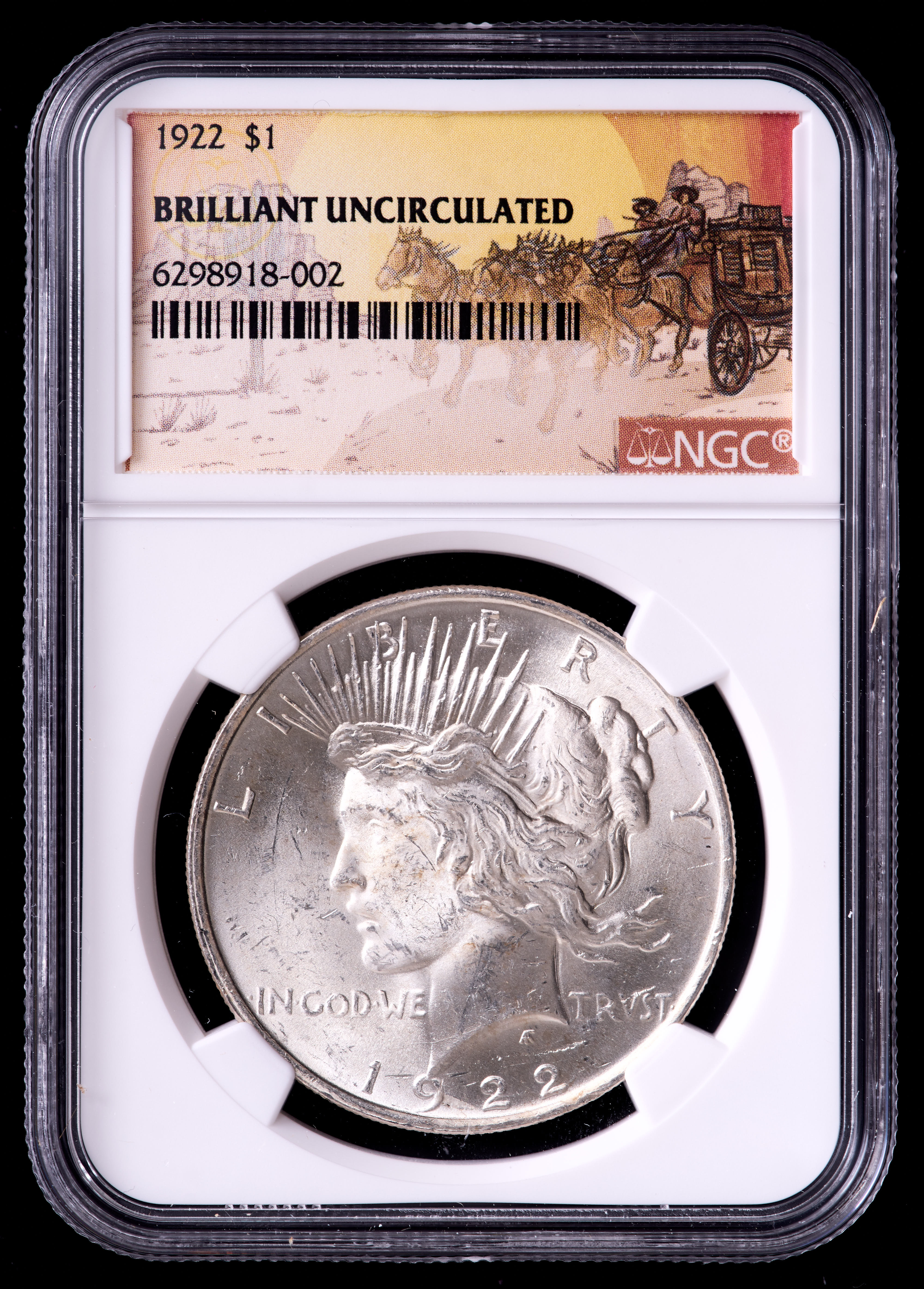 1922 $1 Peace Silver Dollar - Stage Coach Label (NGC Brilliant Uncirculated) | Pristine Auction
